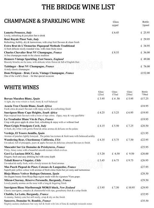 Menu at The Bridge pub & bar, London, 204 Castelnau