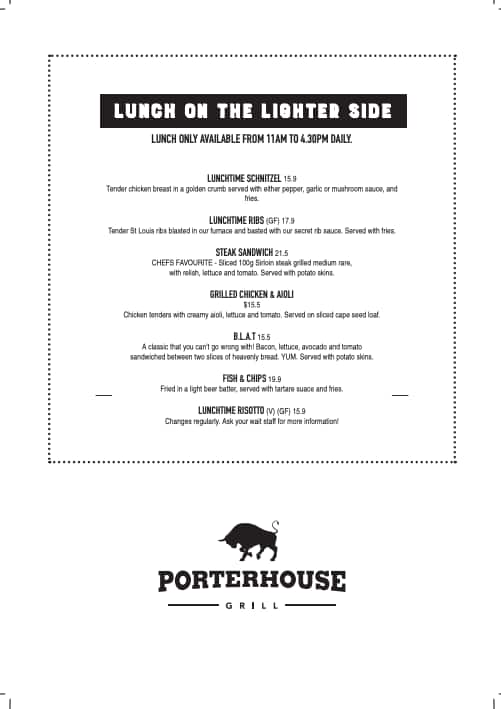 Menu at Porterhouse Grill Finest Gourmet Steak in Auckland steakhouse ...