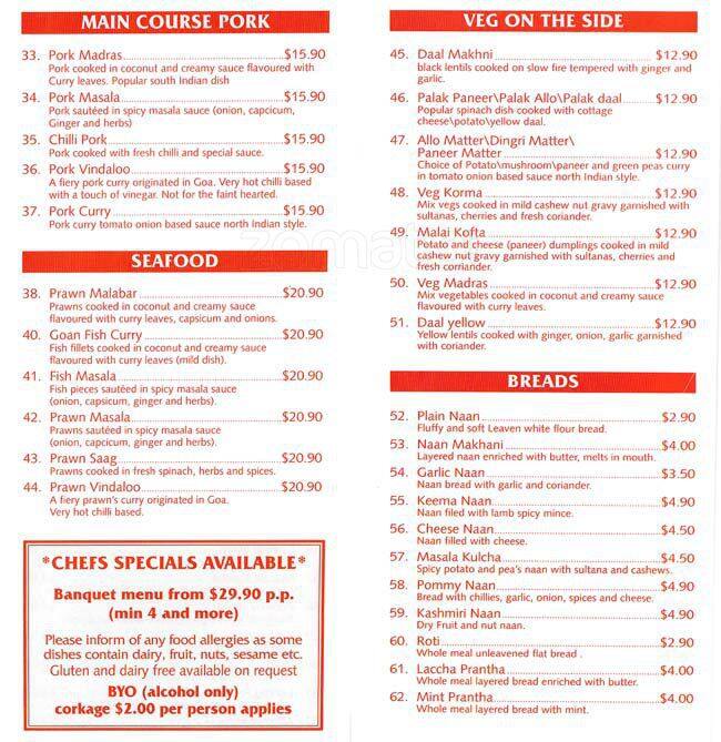 Menu at Delhi Darbar, Allambie Heights