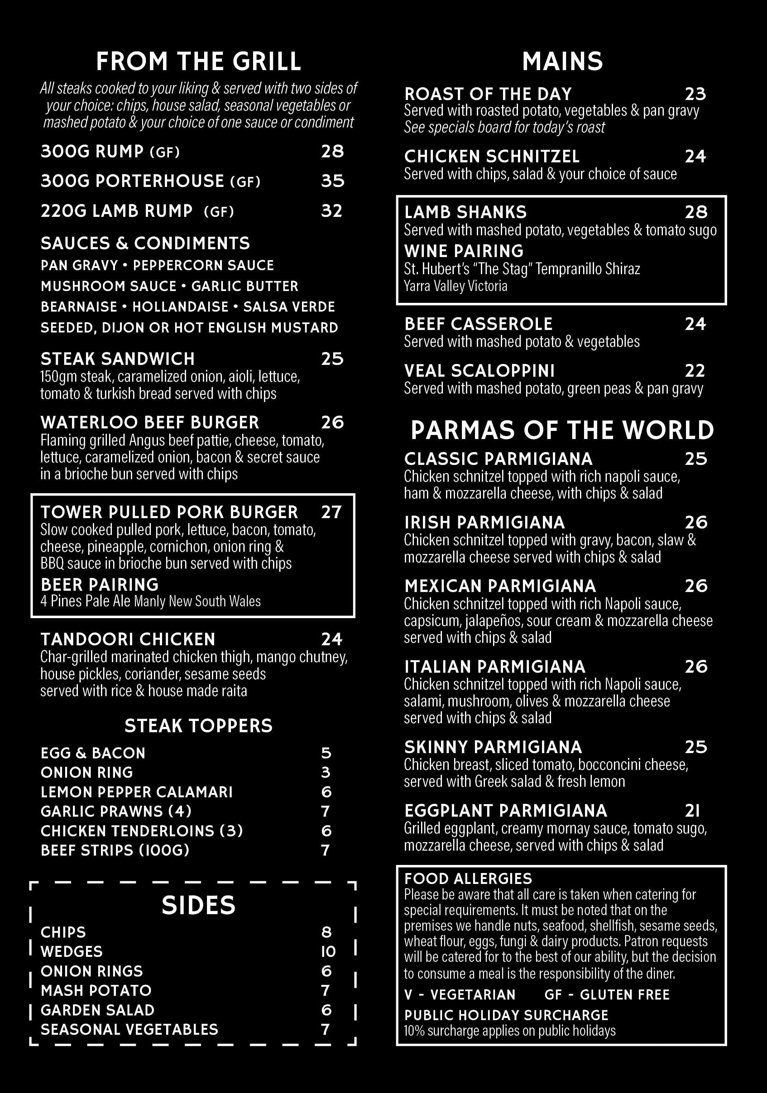 Menu at Waterloo Cup Hotel restaurant, Moonee Ponds