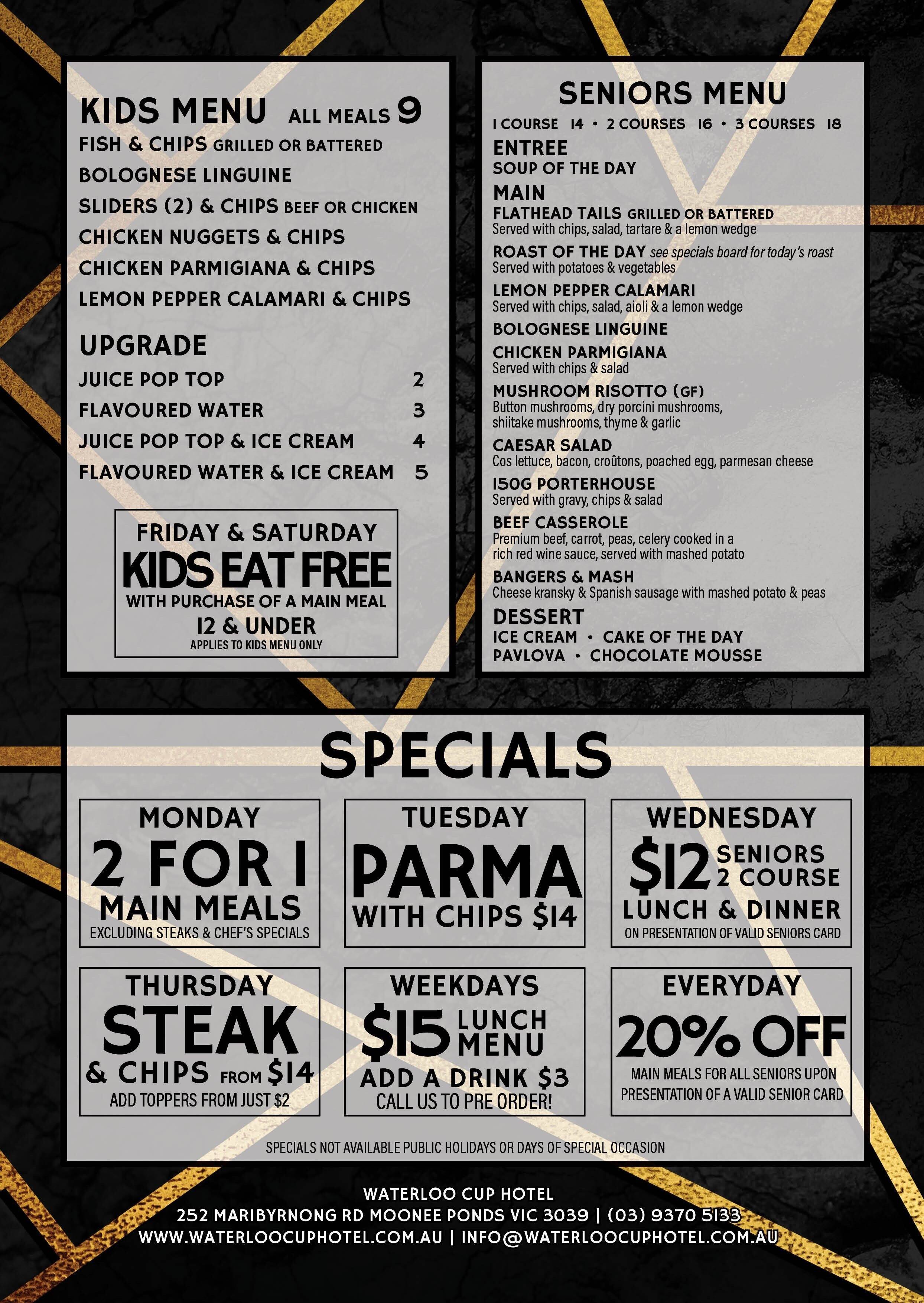 Menu at Waterloo Cup Hotel restaurant, Moonee Ponds