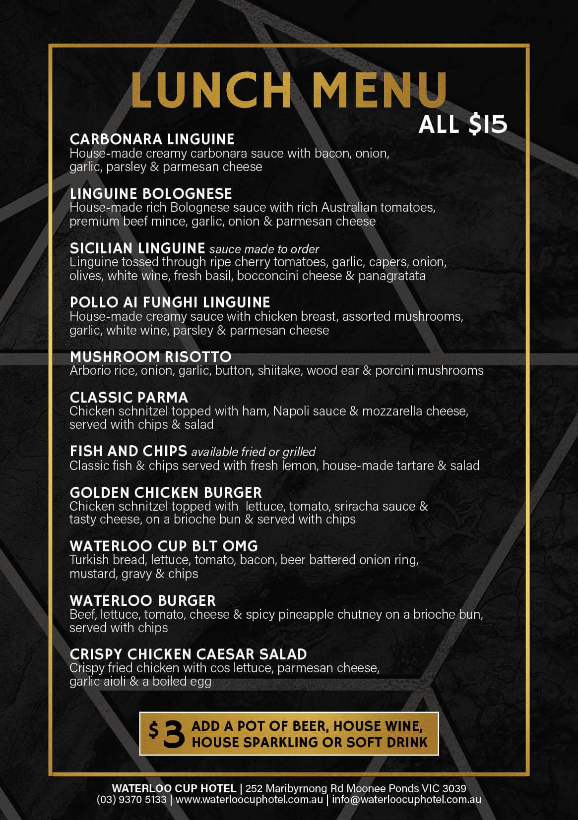 Menu at Waterloo Cup Hotel restaurant, Moonee Ponds