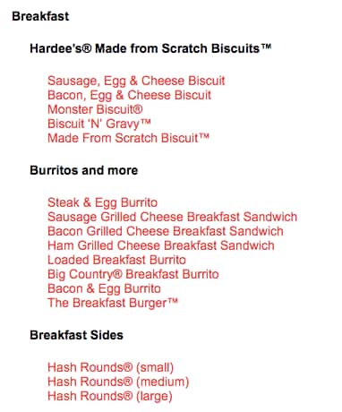 Menu at Carl's Jr. fast food, San Bruno