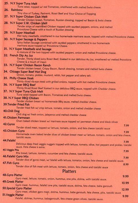 Menu at New York Gyros & Subs fast food, Thornton, 1391 E 120th Ave