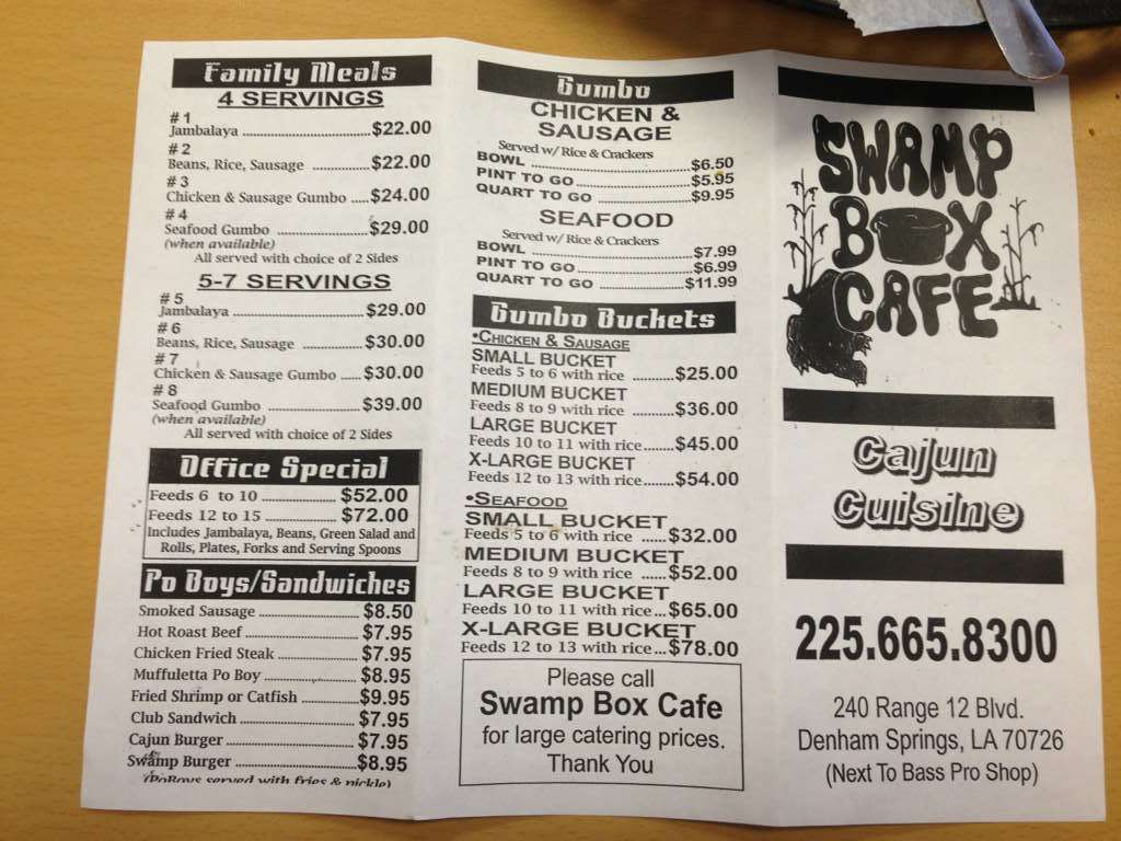 Menu at Swamp Box cafe, Denham Springs