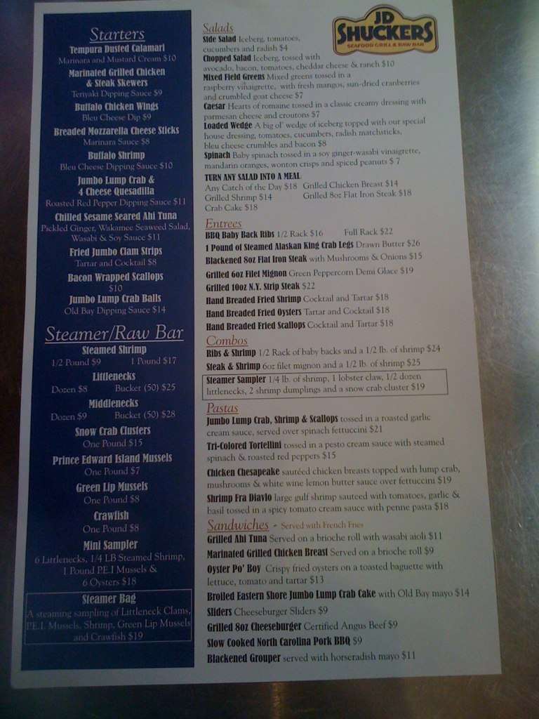Menu at J D Shuckers, Lewes