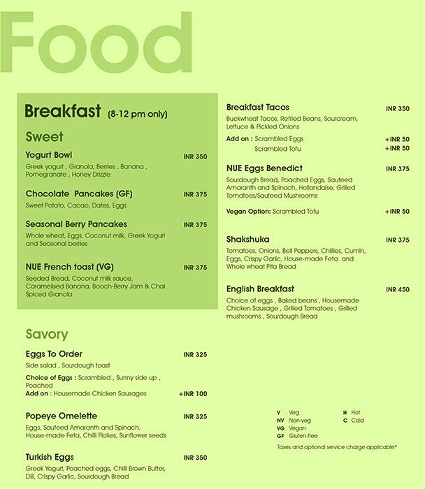 Menu at NUE Cafe, Hyderabad