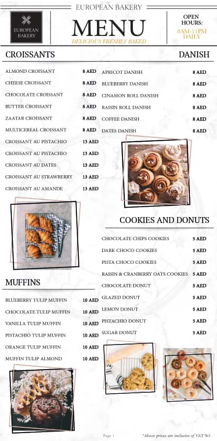 Menu of European Bakery, Al Nahda, Sharjah
