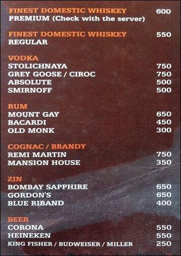 Menu at Sky Lounge, Hyderabad, CCGC+843