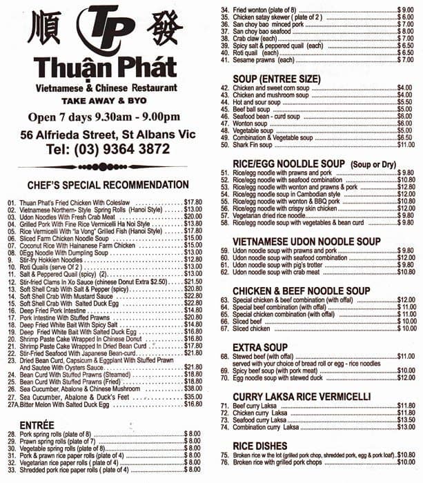 Menu at Thuận Phát Vietnamese & Chinese Restaurant, Saint Albans