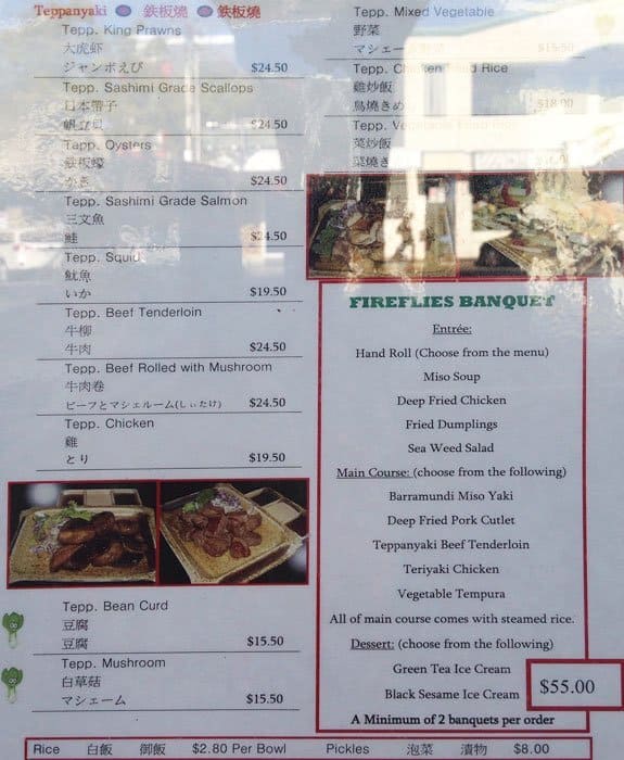 Menu at Hotaru Japanese Restaurant, Adelaide