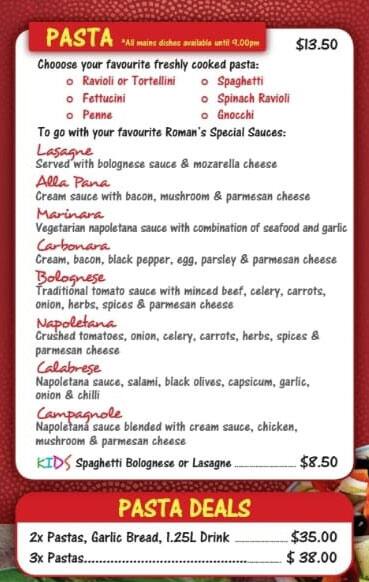 Menu at Roman Pizza restaurant, Elizabeth Park, 110 Yorktown Rd