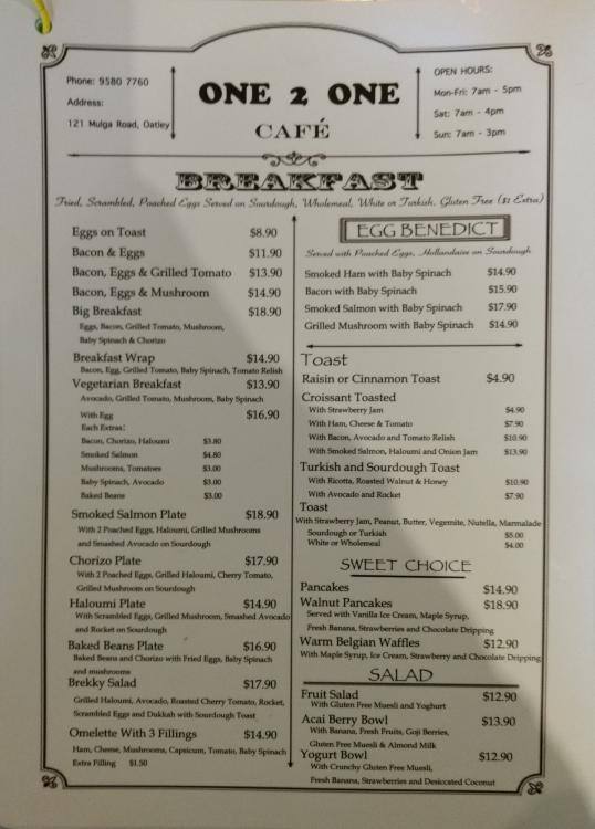 One 2 One Cafe Menu, Menu for One 2 One Cafe, Oatley, Sydney ...