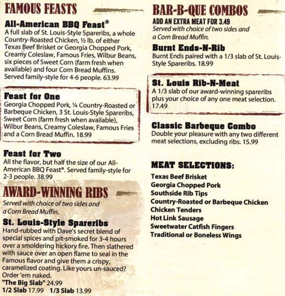 Menu at Famous Dave's Bar-B-Que, Thornton, Washington St