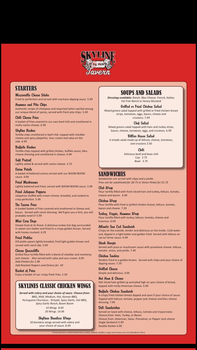 Menu at Skyline Tavern pub & bar, Highland Heights, 430 Johns Hill Rd