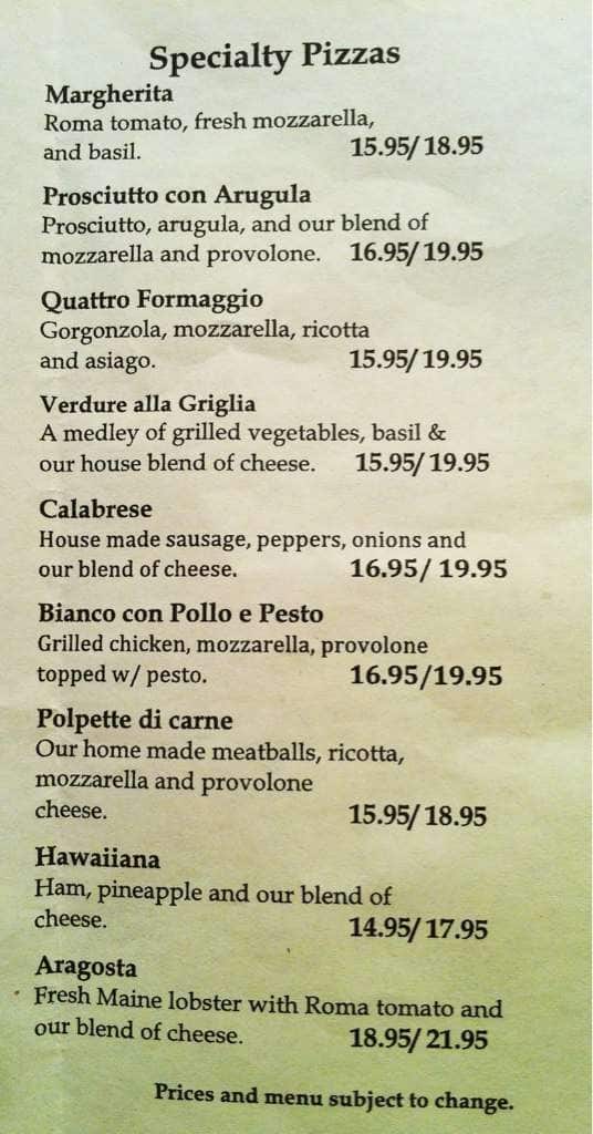 Menu at Roberto's Pizzeria, Ogunquit