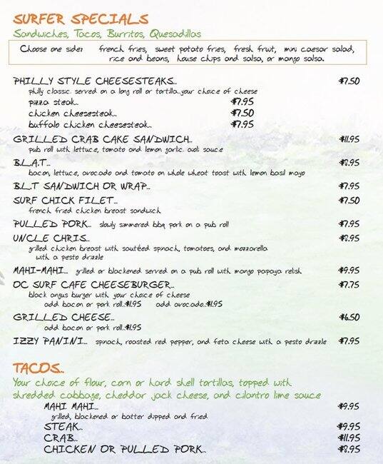 Menu at OC Surf Cafe, Ocean City