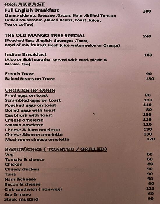 Menu at The Old Mango Tree Bar, Candolim