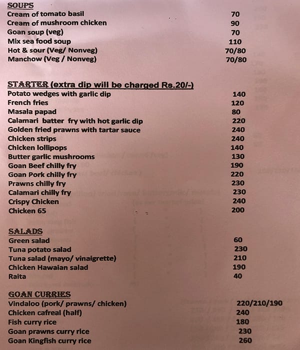 Menu at The Old Mango Tree Bar, Candolim