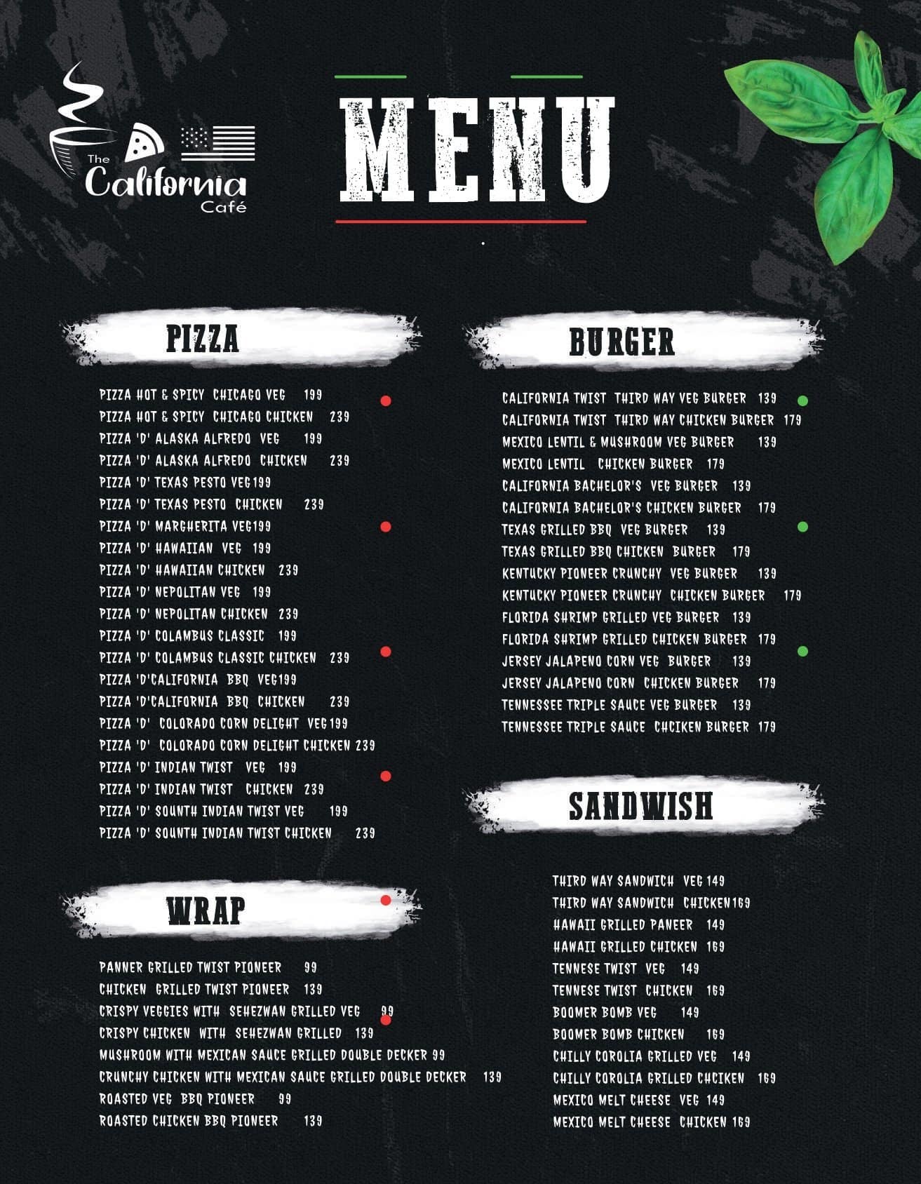 Menu of The California Cafe, Church Street, Bangalore