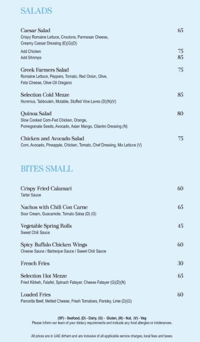 Menu at Escape cafe, Abu Dhabi