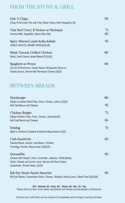 Menu at Escape cafe, Abu Dhabi