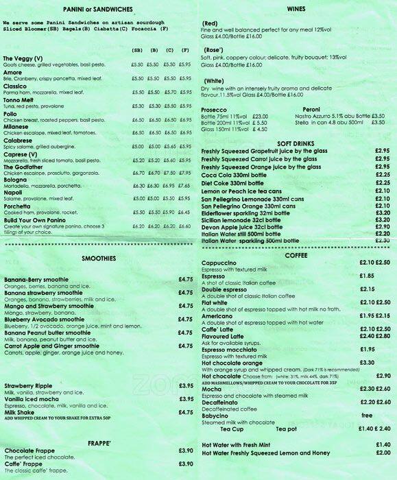 Menu at Cibo Bar Cafeteria, London