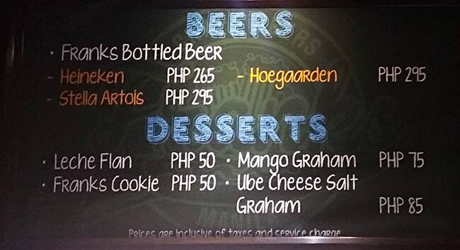 Menu at Franks Craft Beers Manila pub & bar, Pasay