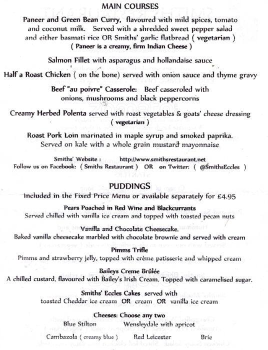 Menu at Smiths Restaurant, Manchester