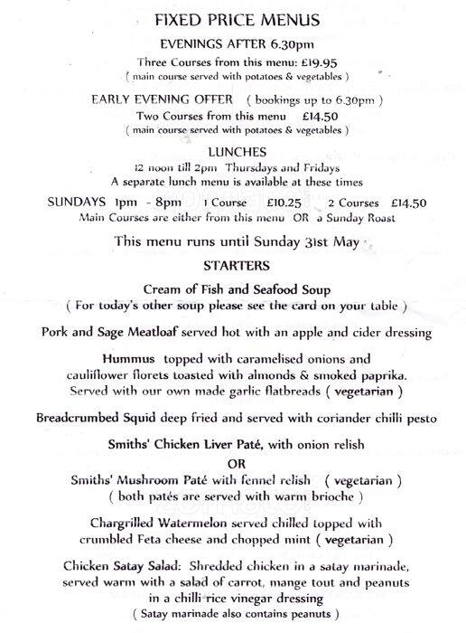 Menu at Smiths Restaurant, Manchester