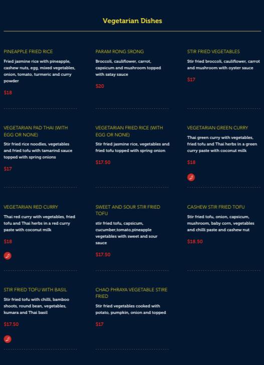 Menu at Chao Phraya restaurant, Auckland, 544 E Coast Rd