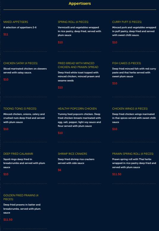 Menu at Chao Phraya restaurant, Auckland, 544 E Coast Rd