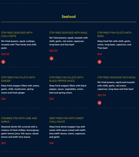 Menu at Chao Phraya restaurant, Auckland, 544 E Coast Rd