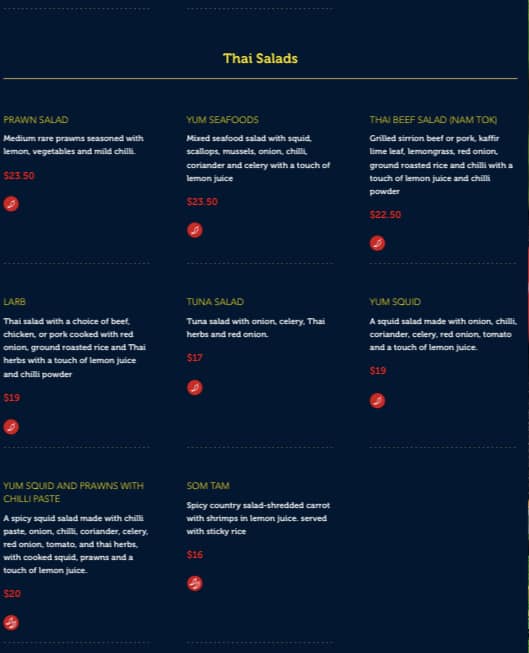 Menu at Chao Phraya restaurant, Auckland, 544 E Coast Rd