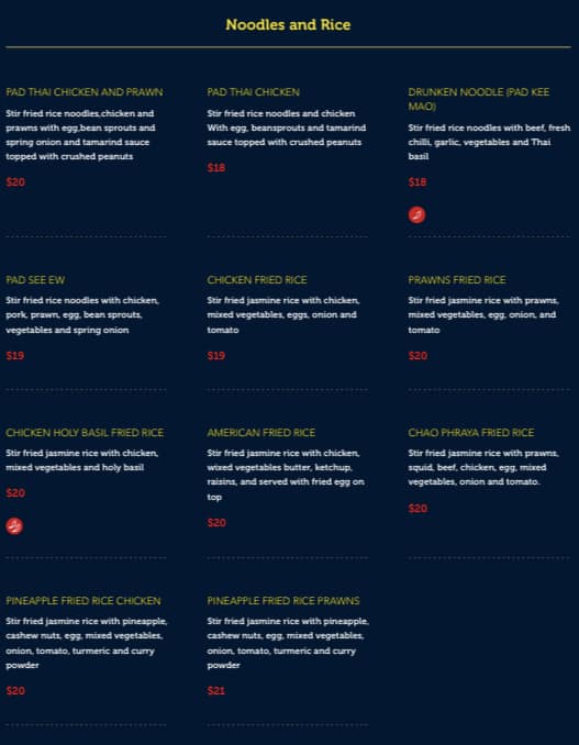 Menu at Chao Phraya restaurant, Auckland, 544 E Coast Rd