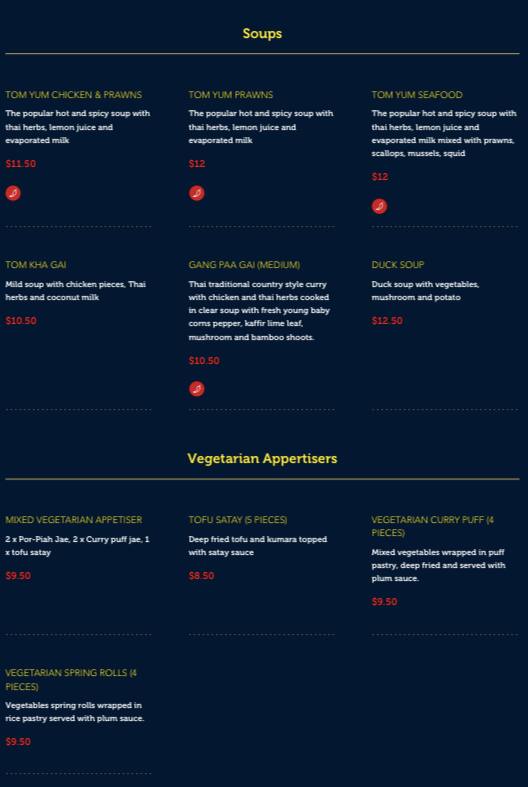 Menu at Chao Phraya restaurant, Auckland, 544 E Coast Rd