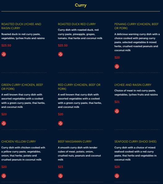 Menu at Chao Phraya restaurant, Auckland, 544 E Coast Rd