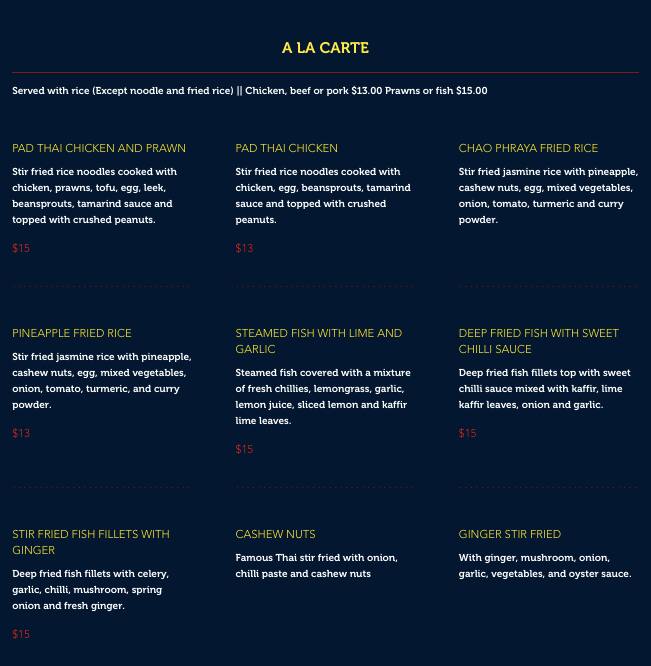 Menu at Chao Phraya restaurant, Auckland, 544 E Coast Rd