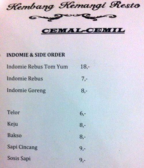 Carta de Kembang Kemangi Restaurant, South Jakarta