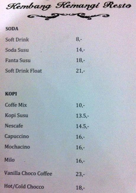Carta de Kembang Kemangi Restaurant, South Jakarta