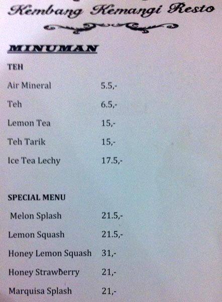 Carta de Kembang Kemangi Restaurant, South Jakarta