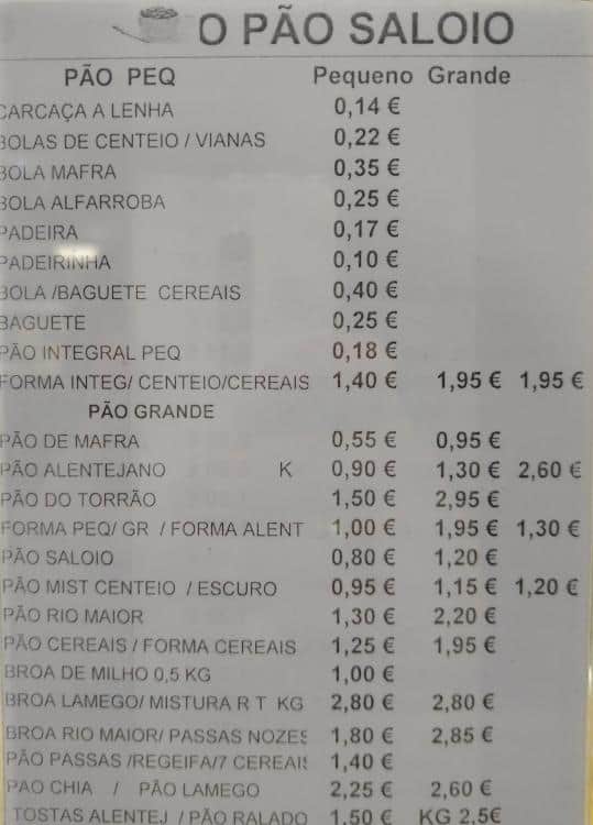Carta del café O Pão Saloio, Lisboa, Av. Rio del Janeiro
