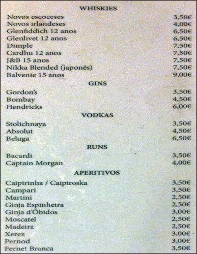 Menu at Taberna restaurant, Lisbon, R. 1º de Dezembro 93