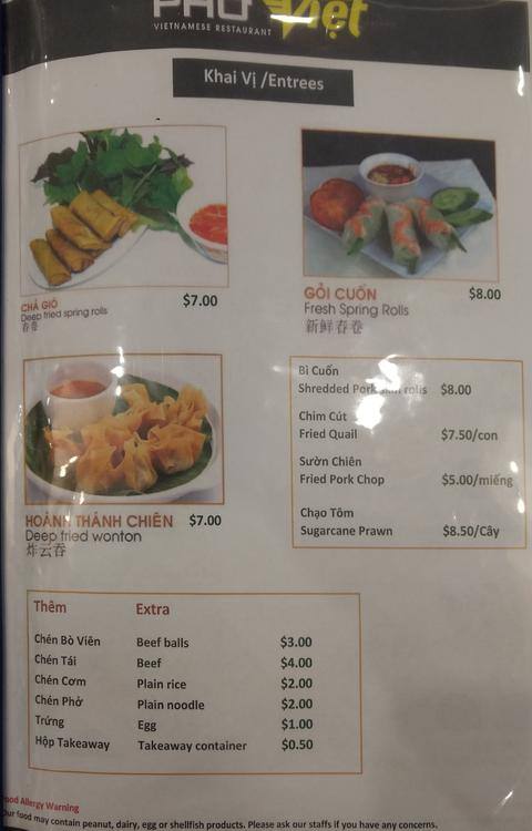 Menu at Pho Viet restaurant, Cabramatta