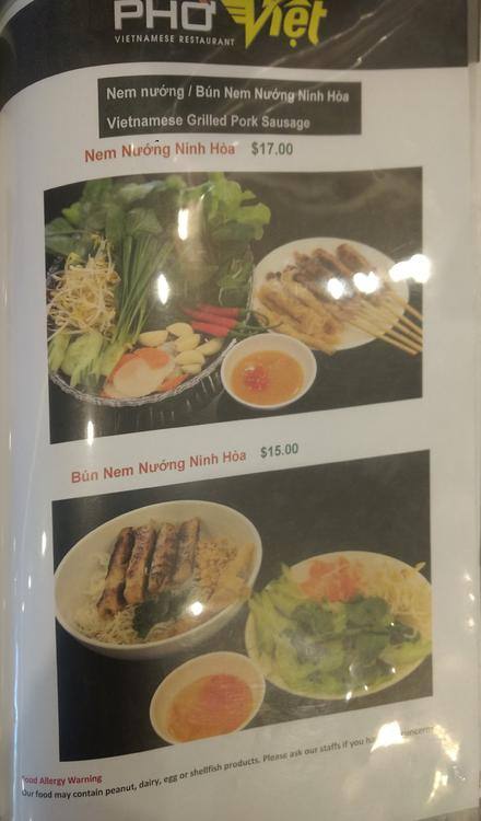 Menu at Pho Viet restaurant, Cabramatta
