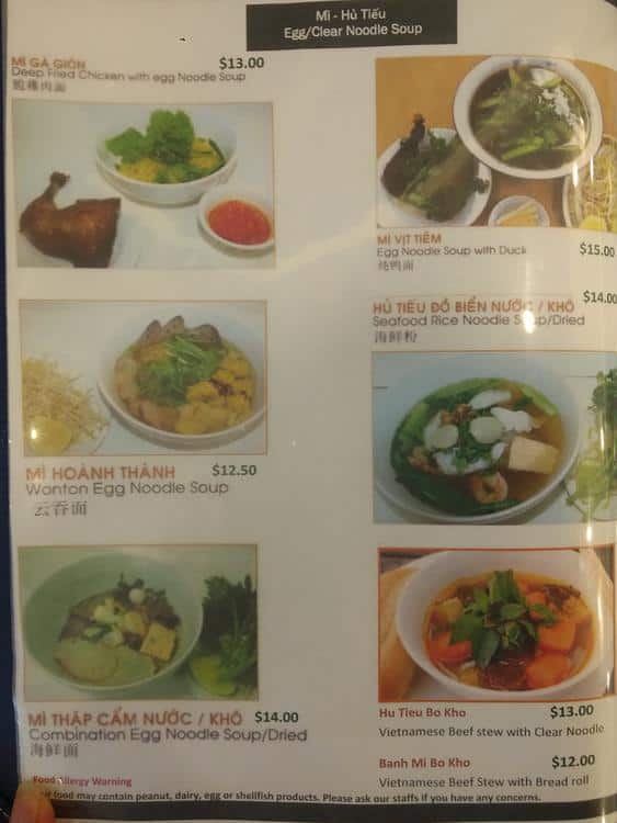 Menu at Pho Viet restaurant, Cabramatta