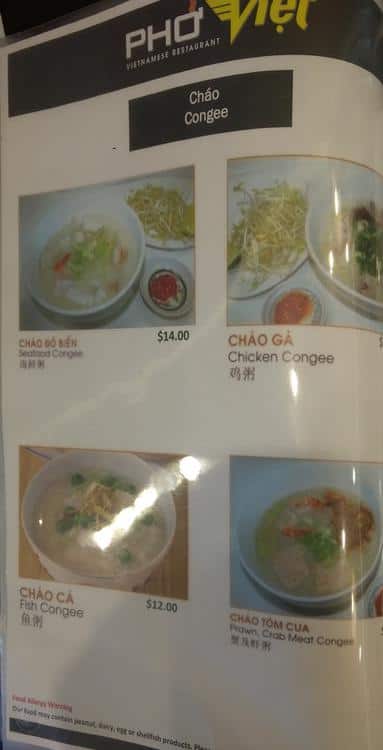 Menu at Pho Viet restaurant, Cabramatta