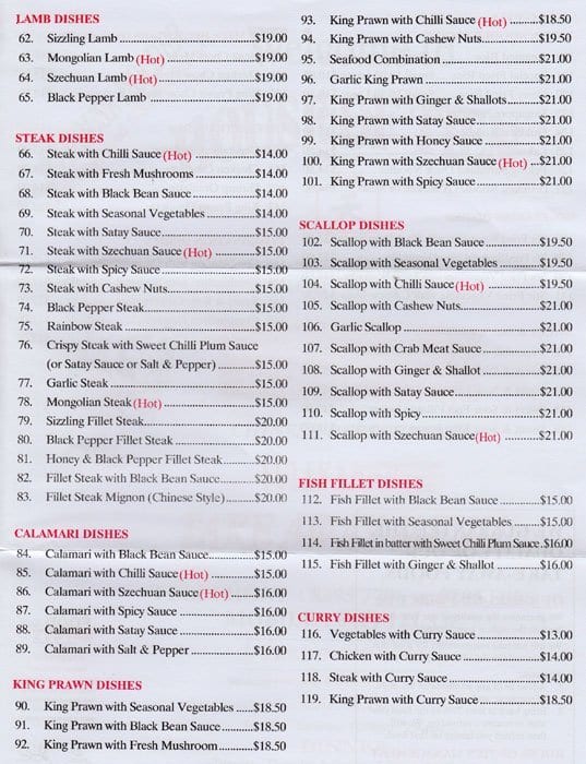 Menu at House of Tien restaurant, Glengowrie