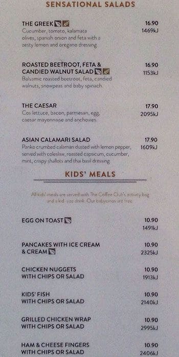 Menu at The Coffee Club, Cannon Hill