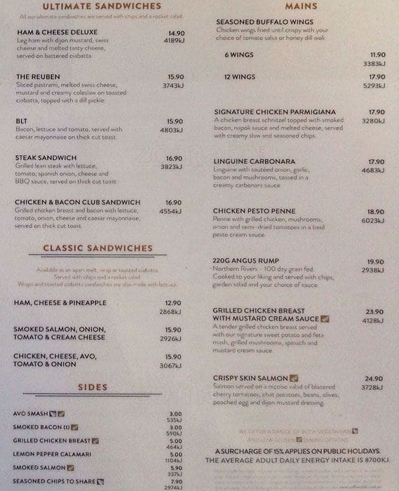 Menu at The Coffee Club, Cannon Hill